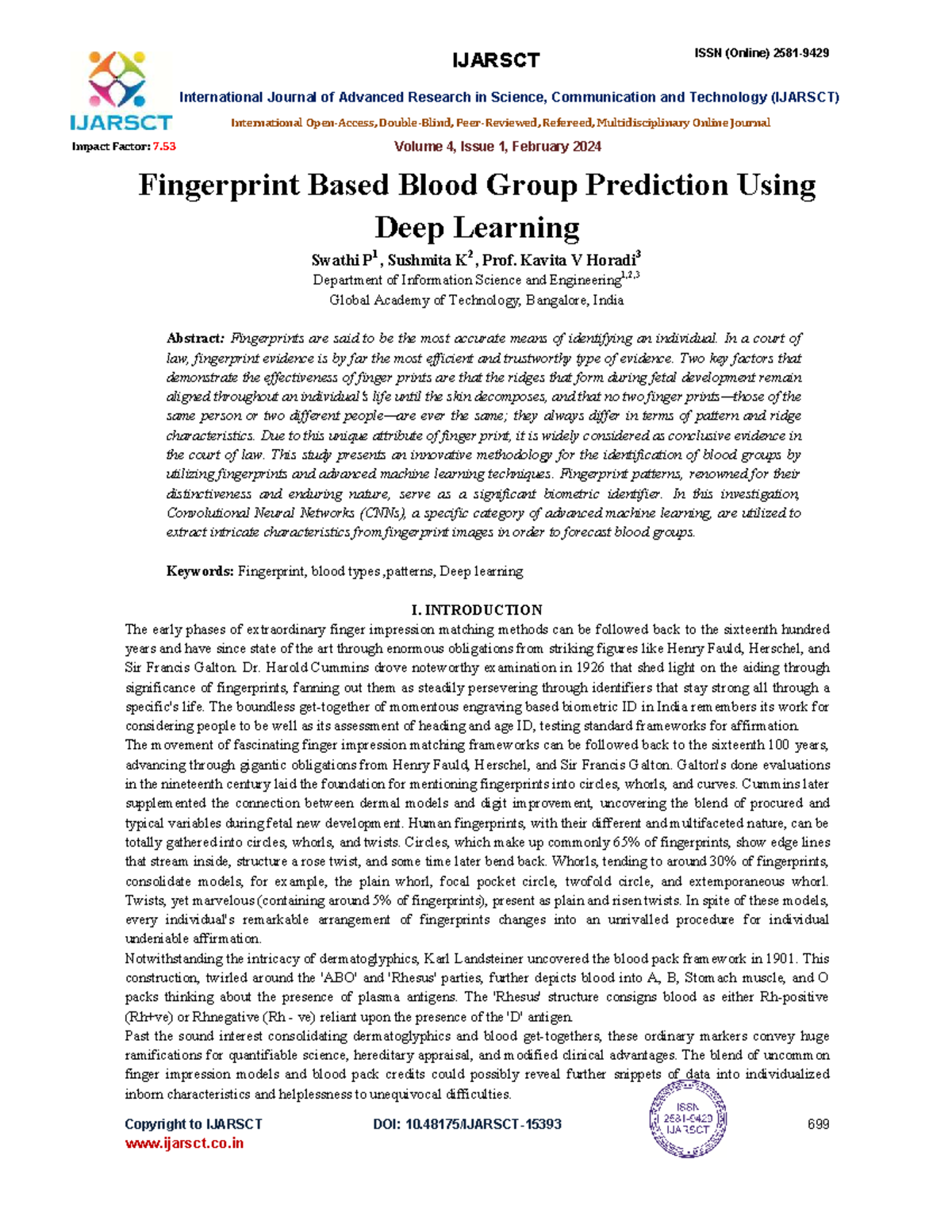 IJARSCT 2024: Fingerprint-Based Blood Group Prediction Using Deep ...
