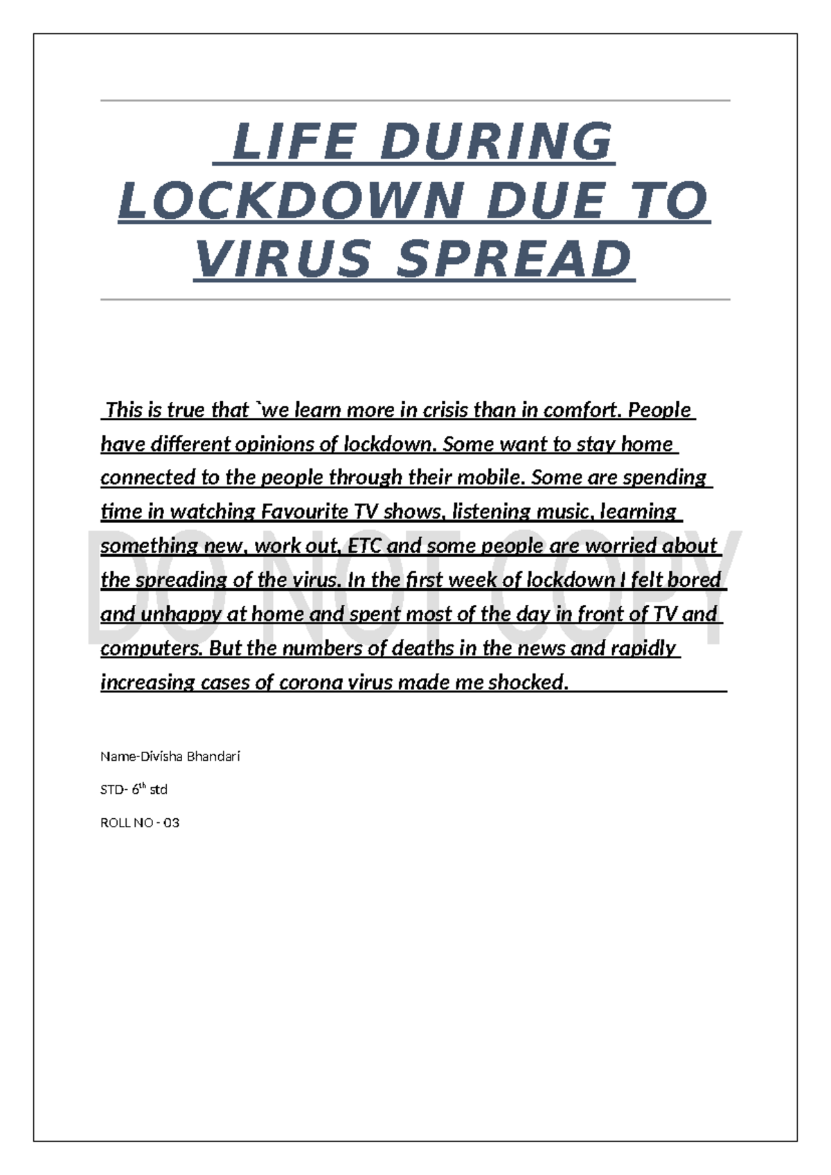 LIFE DURING LOCKDOWN: EXPERIENCES & REFLECTIONS - Studocu