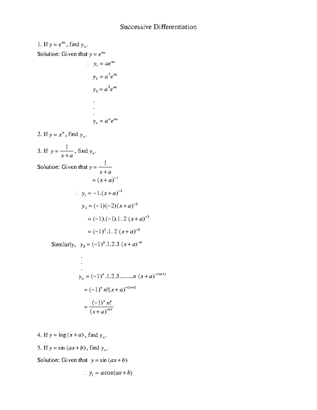 Differential Calculus 10: Successive Differentiation Solutions - Studocu