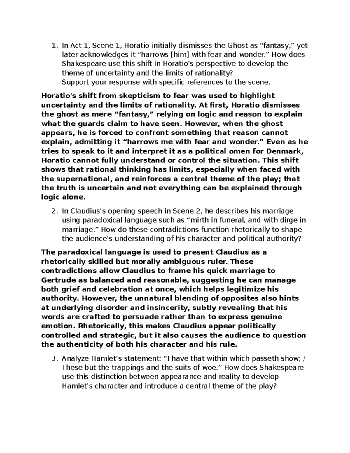 Hamlet (ENG 101) Act 1 Scenes 1-3 Analysis Questions - Studocu