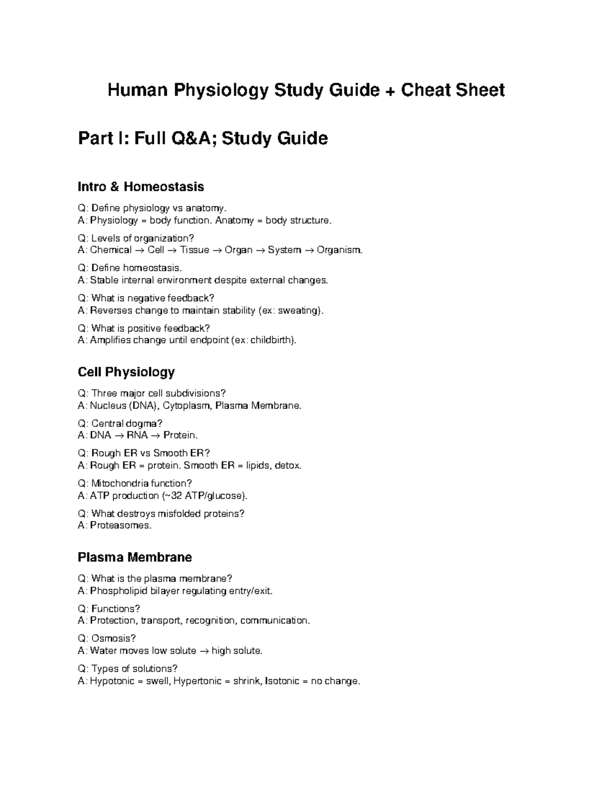 Human Physiology Study Guide & Cheat Sheet (BIO101) Part I - Studocu