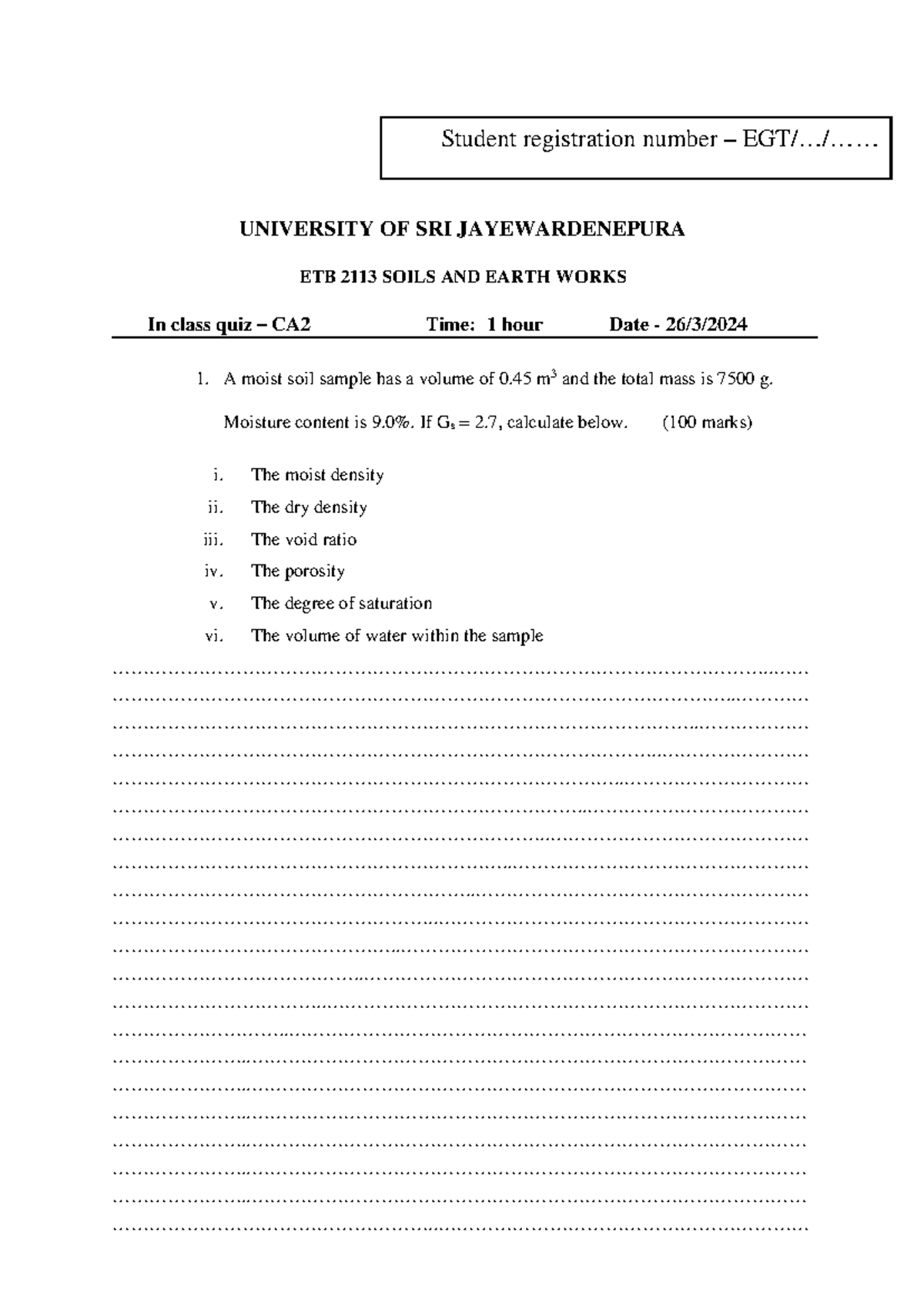 ETB 2113 Soils and Earth Works In-Class Quiz 3 - Studocu