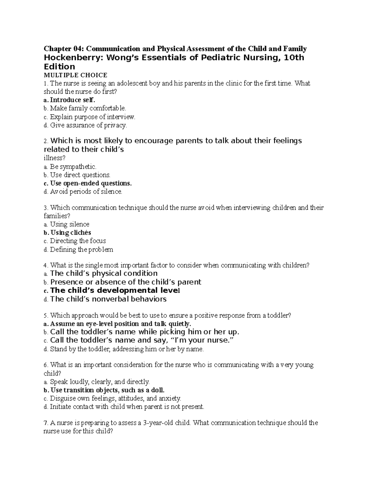 502 Pediatric Nursing Exam 1: Communication & Assessment Questions ...