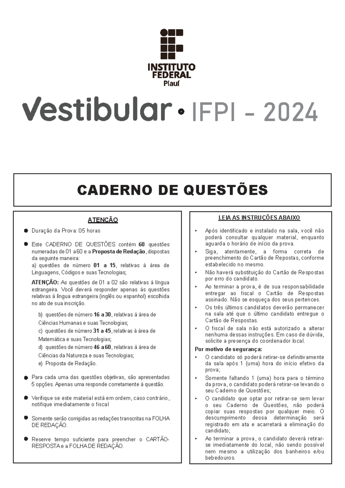 IFPI - 2024 Prova Vestibular: Caderno de Questões e Instruções - Studocu