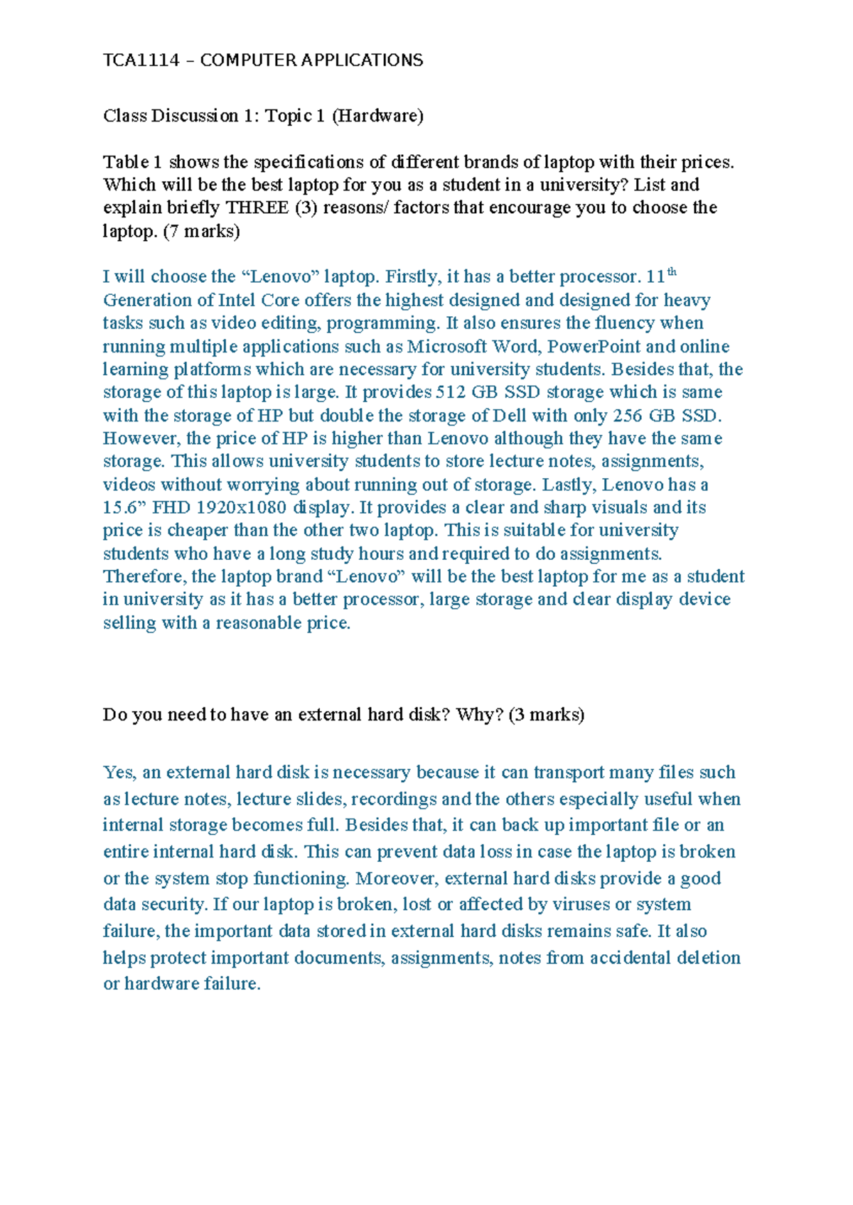 COMP 101: Class Discussion 1 - Choosing the Best Laptop for Students - Studocu