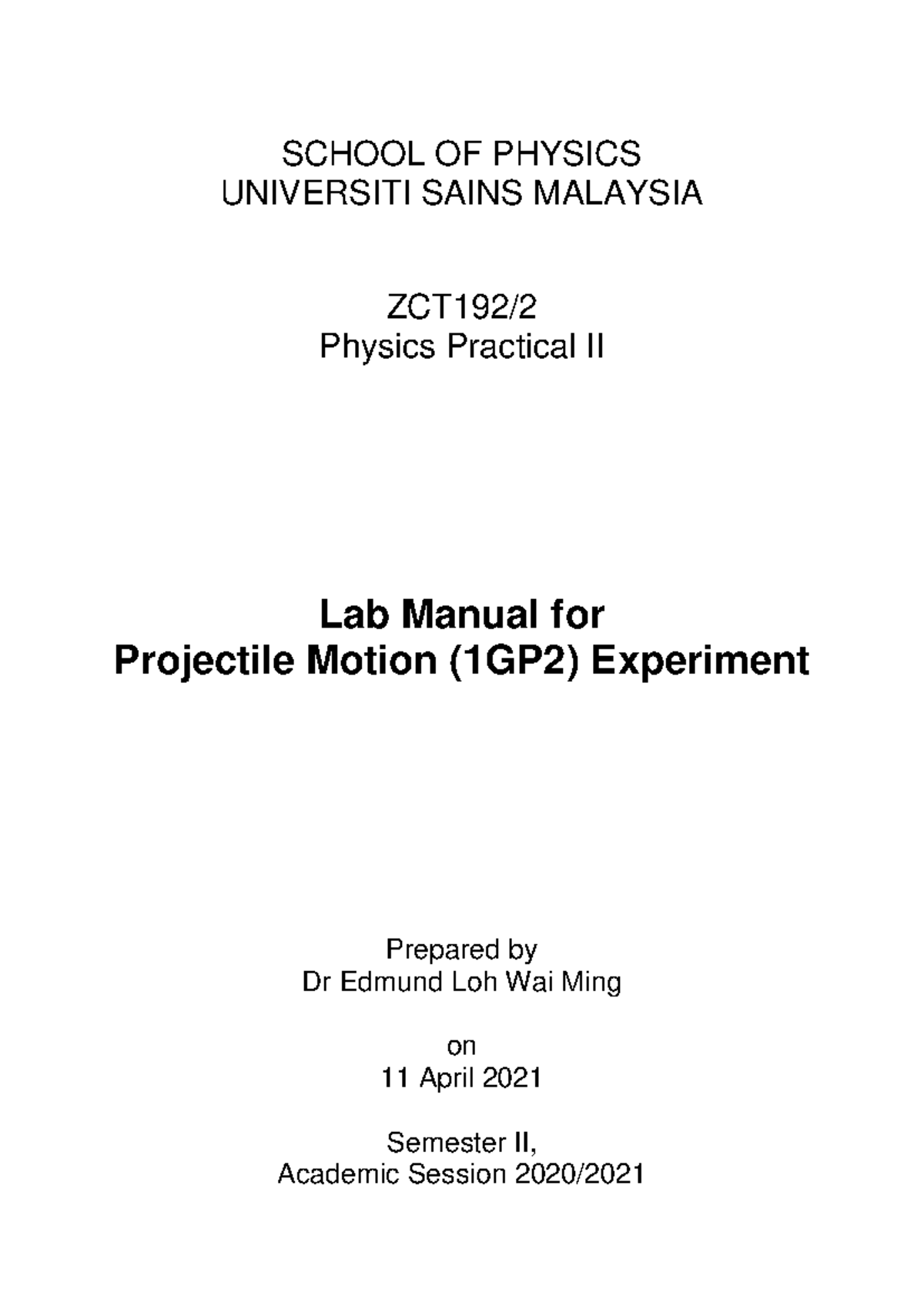 Physics Practical II Lab Manual: Projectile Motion (1GP2) - Studocu
