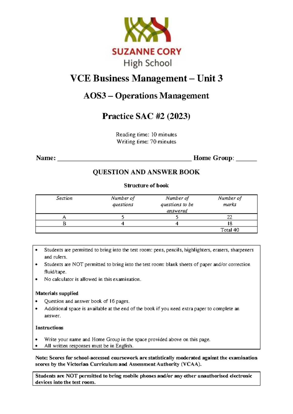 U3AOS3 PRAC2 - Practice SAC U3 AOS3 - VCE Business Management – Unit 3 ...