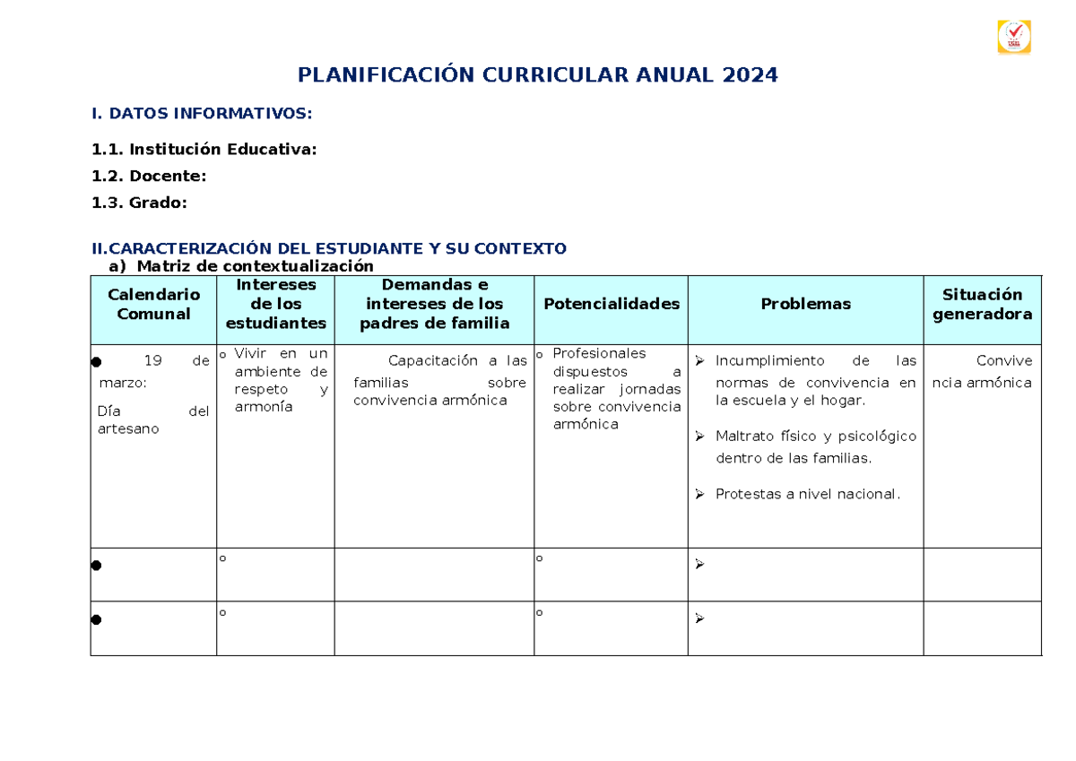 Planificación Curricular Anual 2024: Esquema Sugerido de PCA - Studocu