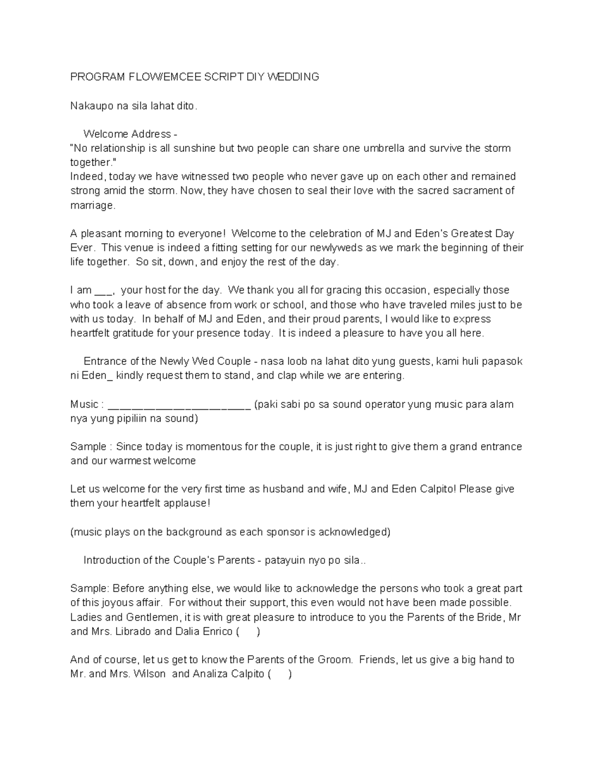 PROGRAM SCRIPT: WEDDING RECEPTION OF MJ & EDEN - Studocu
