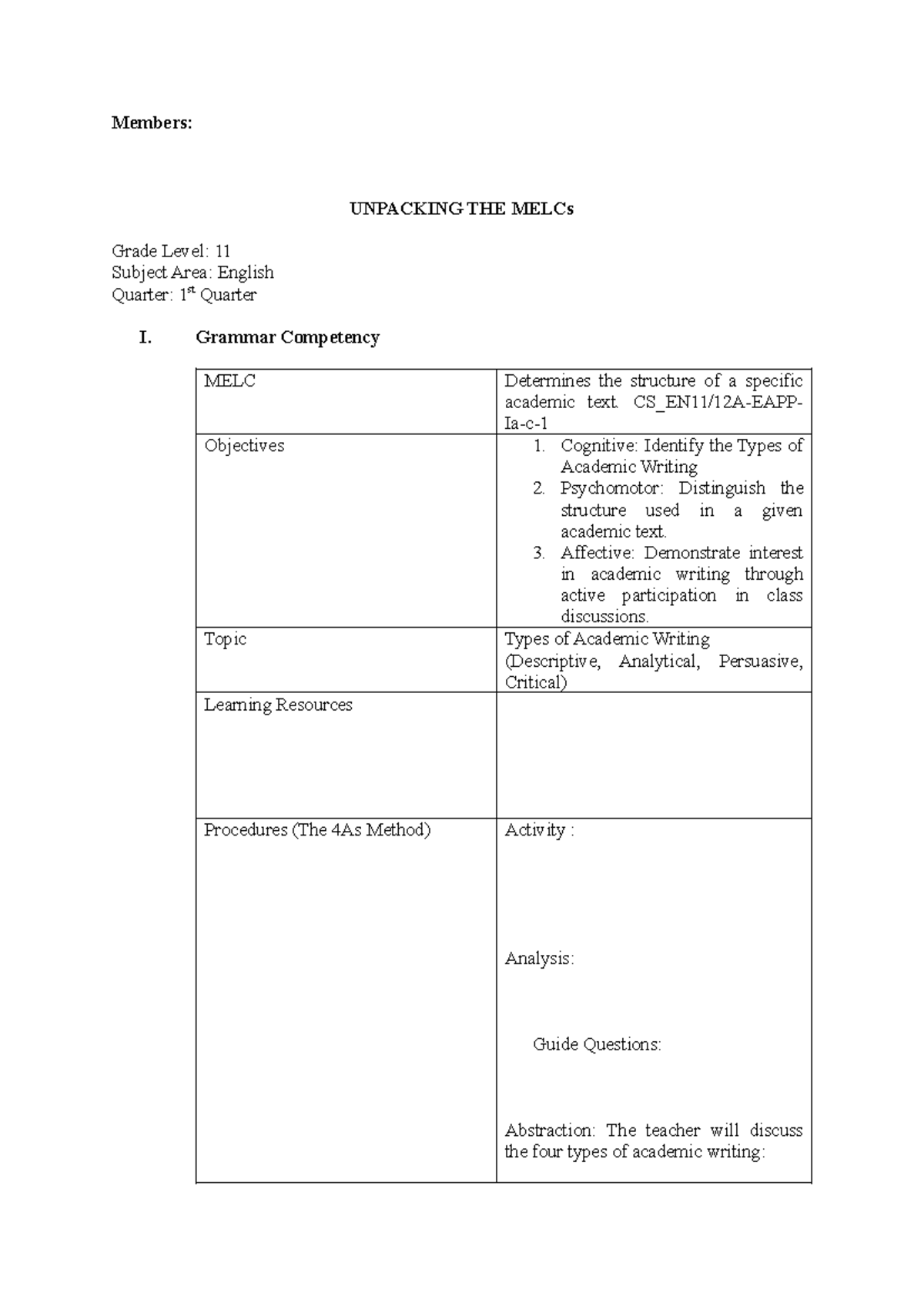 Grade 11 English: Unpacking MELCs for Academic Writing - Studocu
