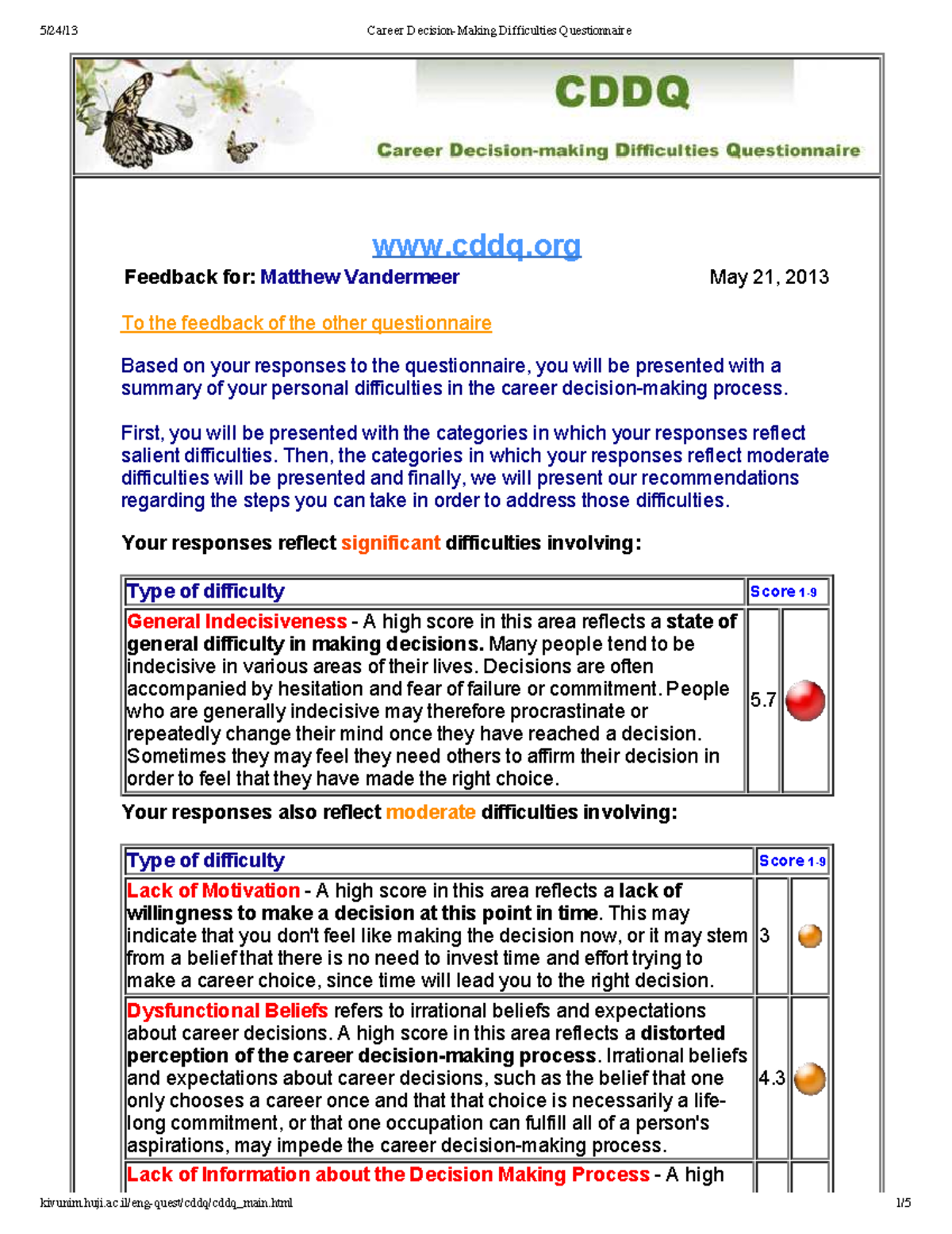 Career Decision-Making Difficulties Feedback Report for Matthew ...
