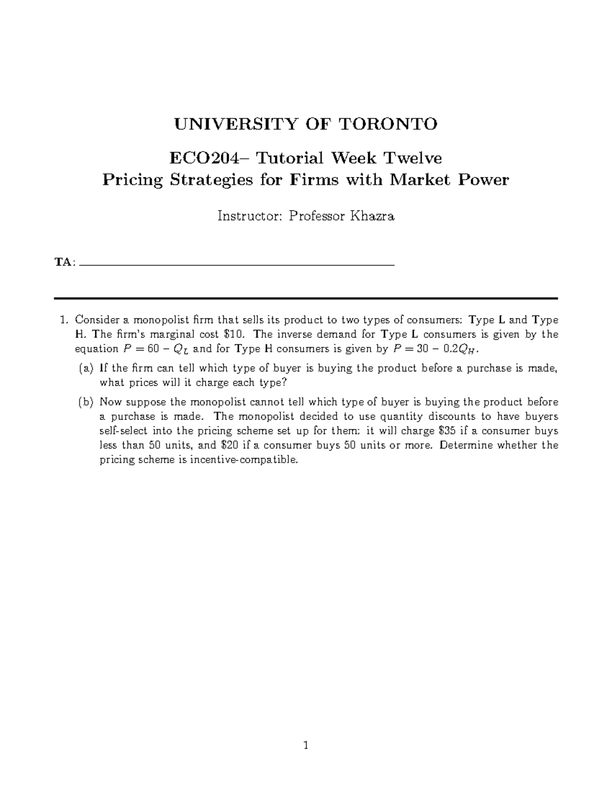 ECO204 Tutorial Week 12: Pricing Strategies for Monopolists - Studocu