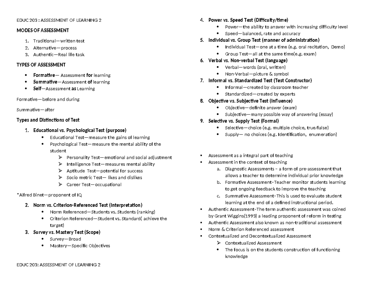 EDUC 203- Assessment OF Learning 2 - EDUC 203 : ASSESSMENT OF LEARNING ...