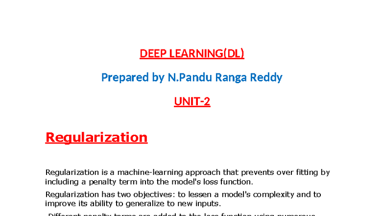 DL-Notes-Unit-2: Regularization Techniques in Deep Learning - Studocu