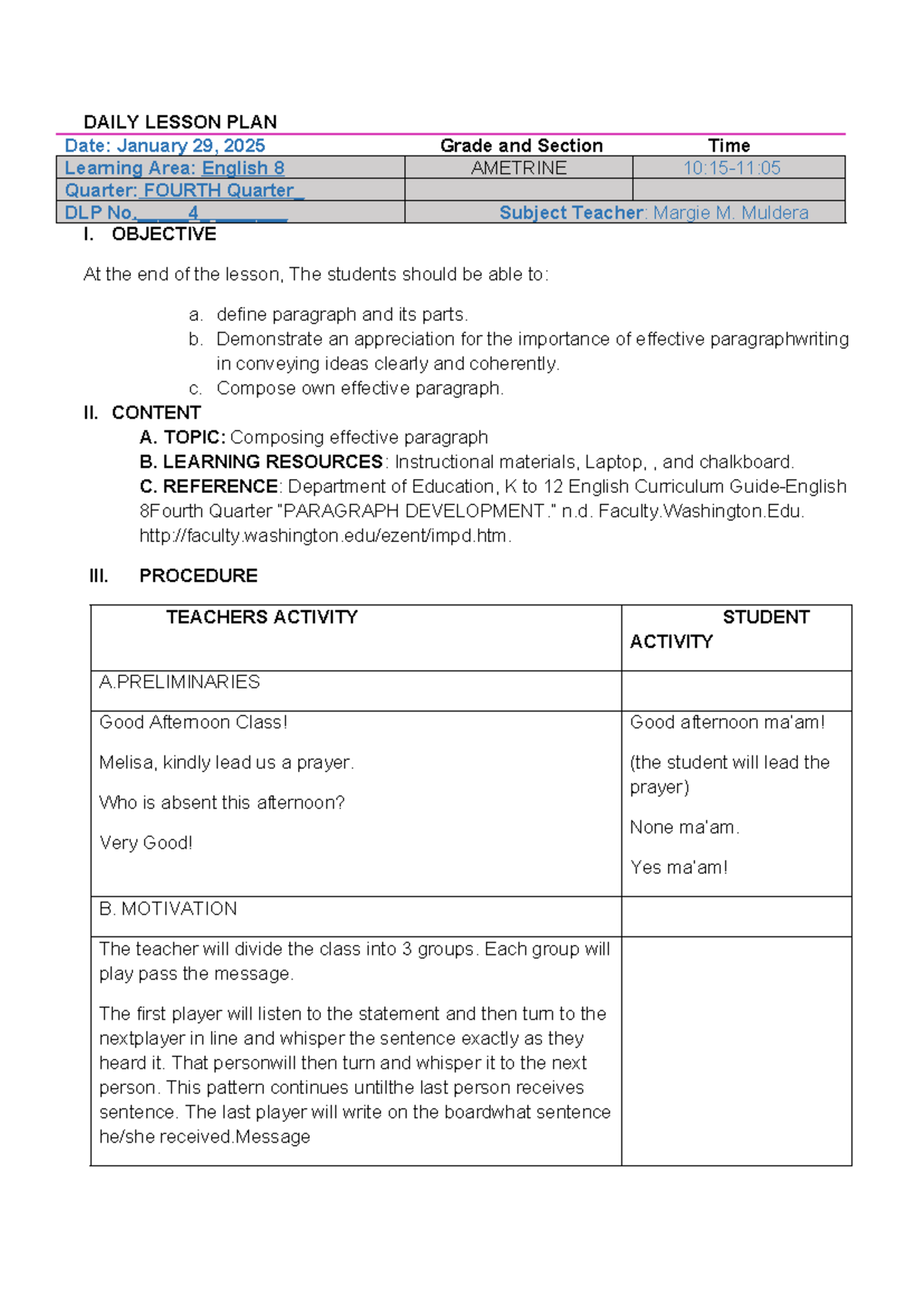 Grade 8 English Lesson Plan: Composing Effective Paragraphs - Studocu