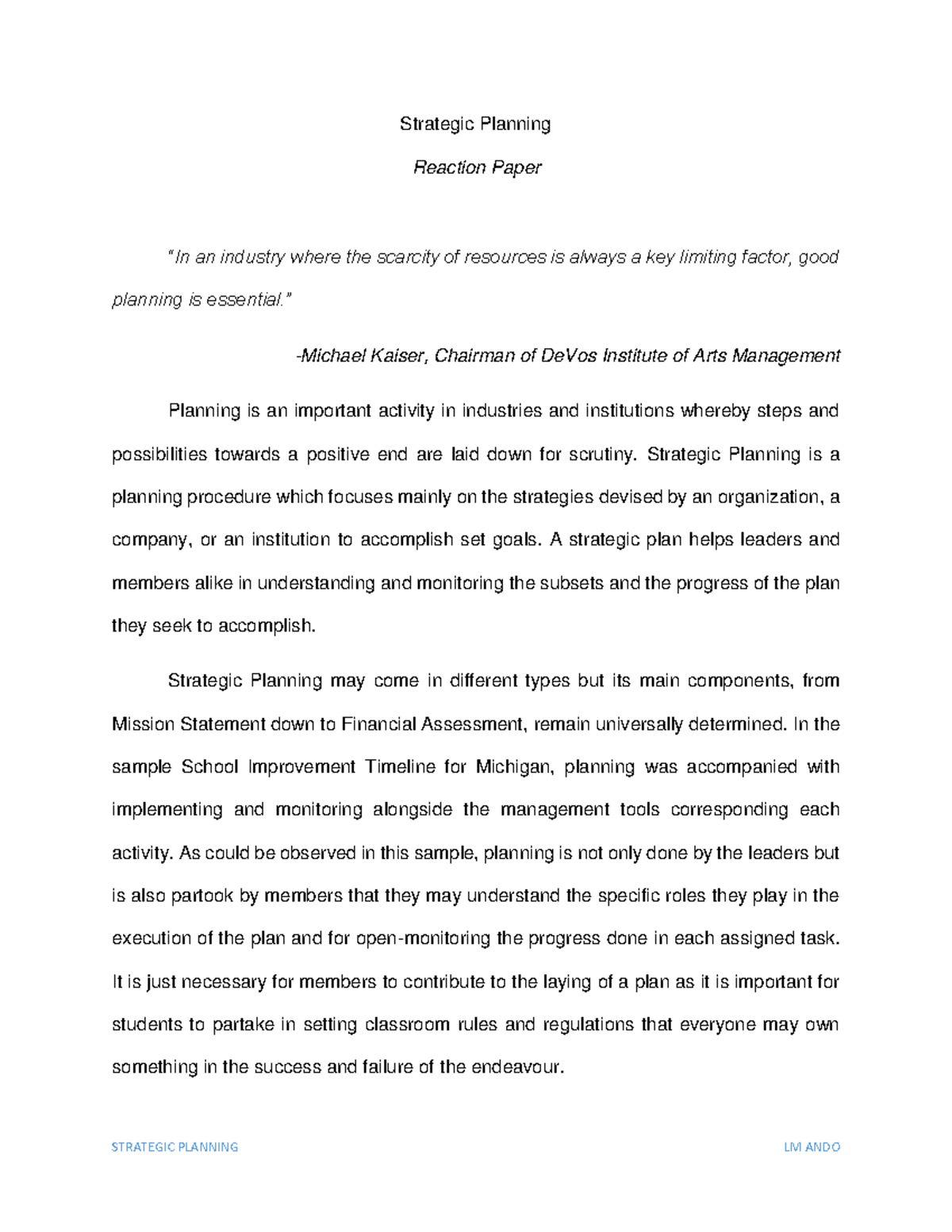 Strategic Planning Reaction Paper: Insights and Implications (LM ANDO ...