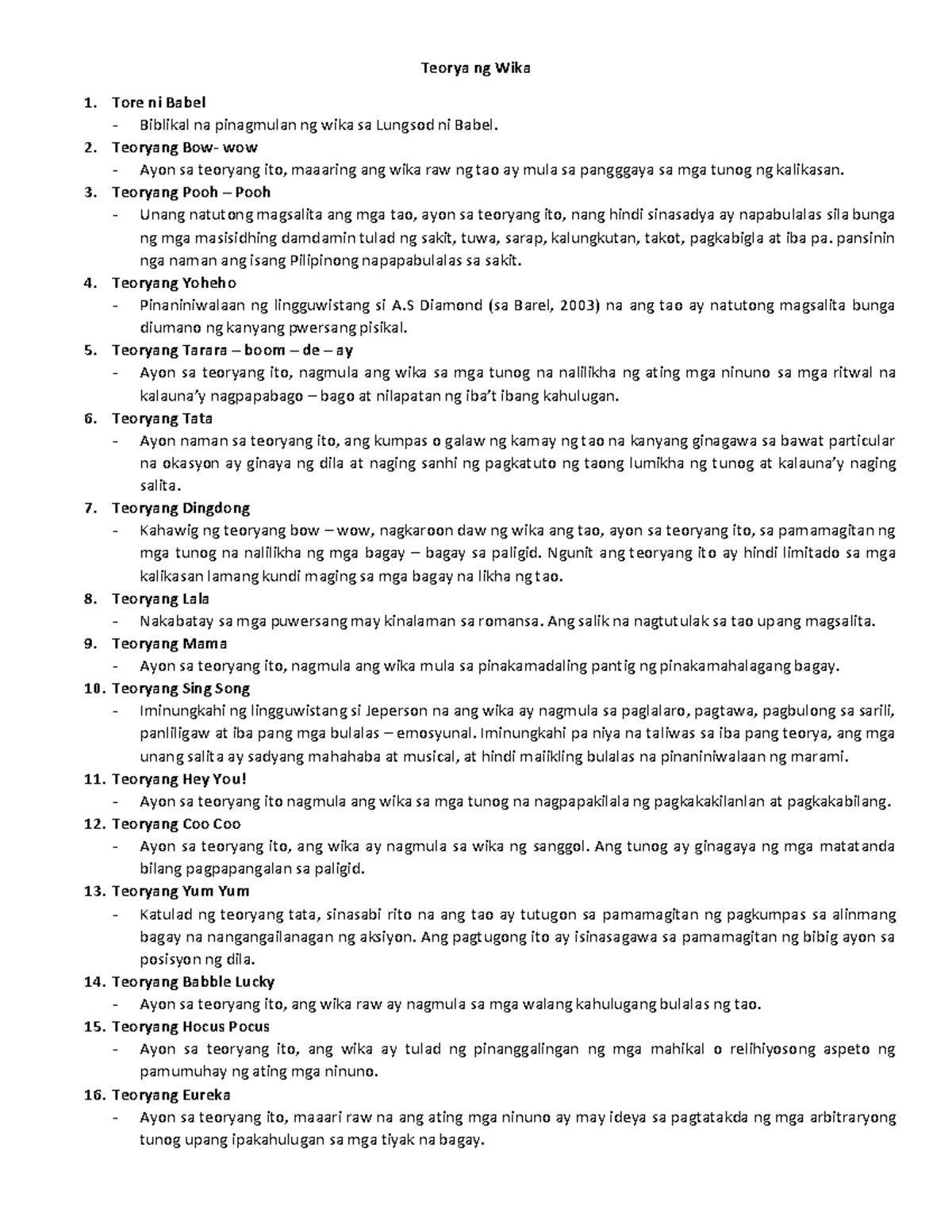 Teoryang Wika: Pagsusuri ng 16 na Teoryang Wika at Katangian nito - Studocu