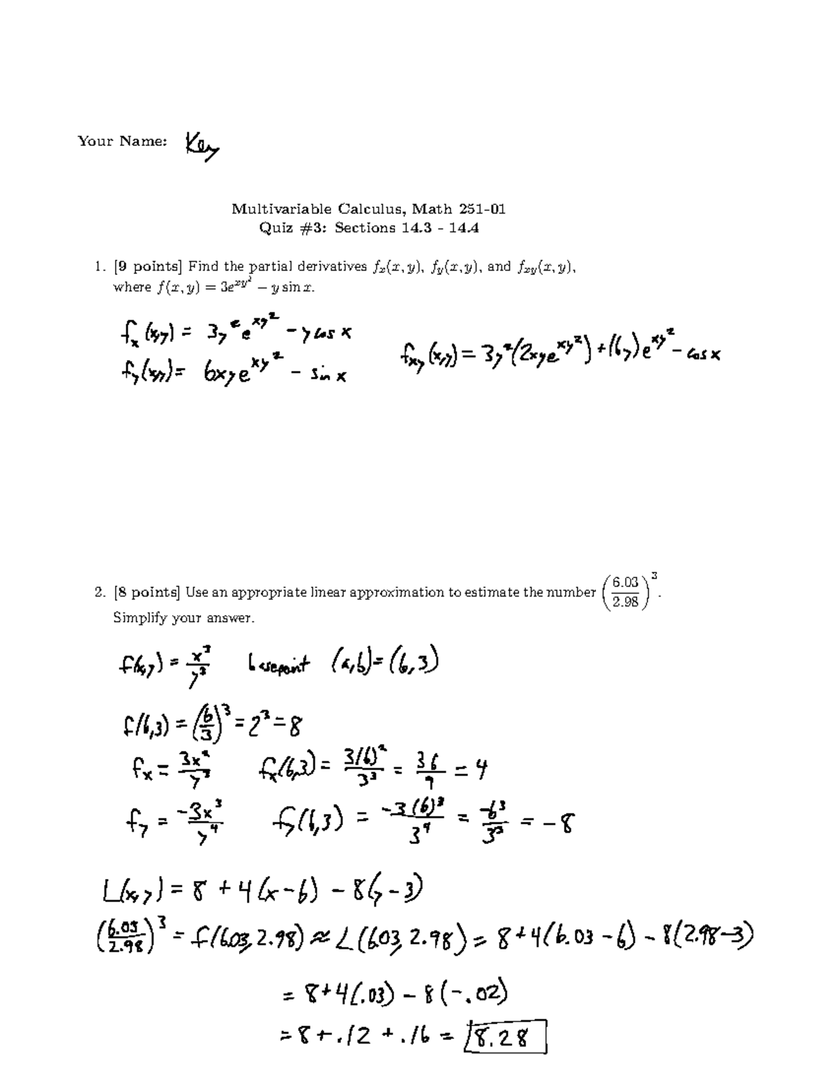 Math Quiz: Multivariable Calculus (Sections 14.3 & 14.4) - Studocu