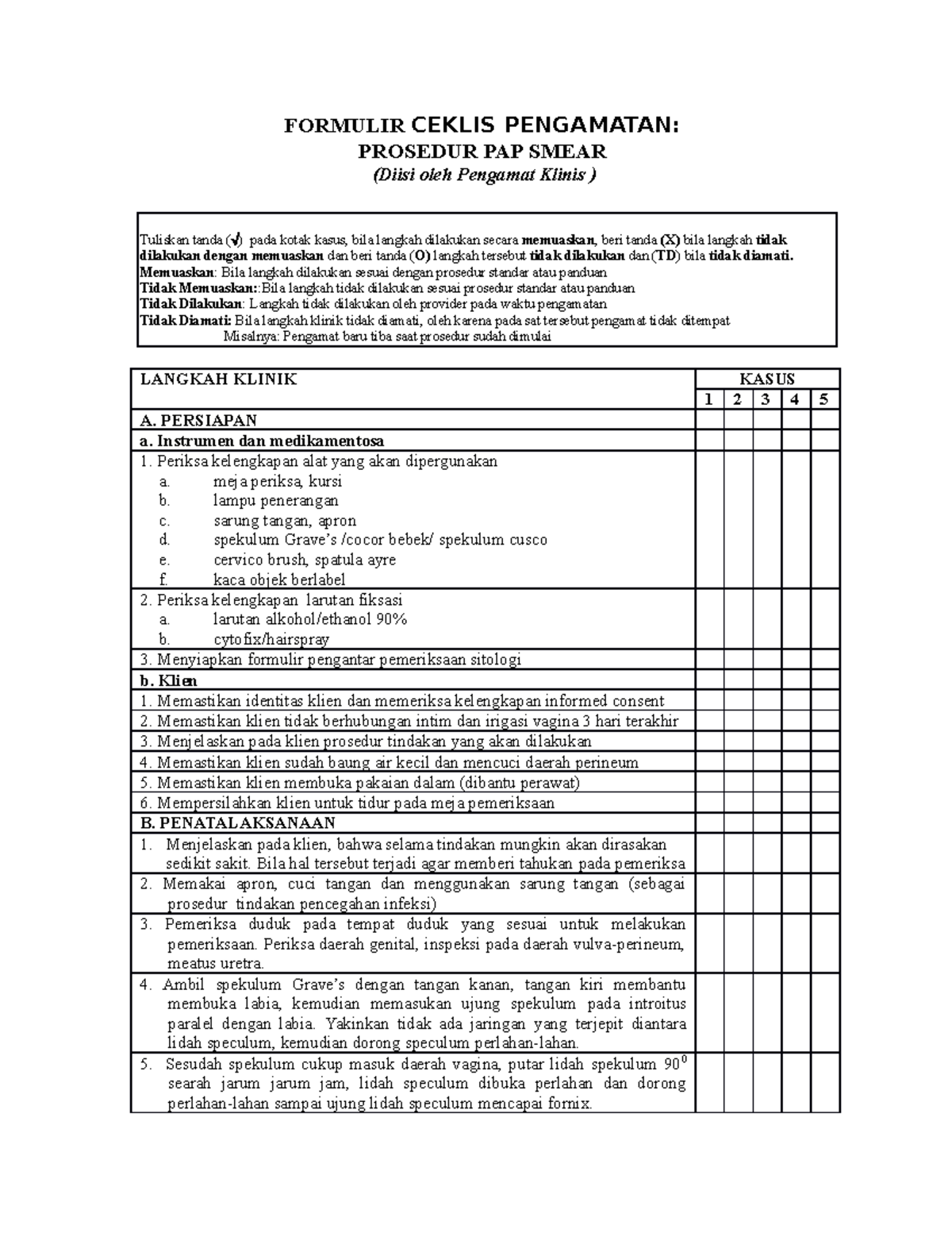 Checklist Prosedur Pap Smear untuk Pengamat Klinis - Studocu