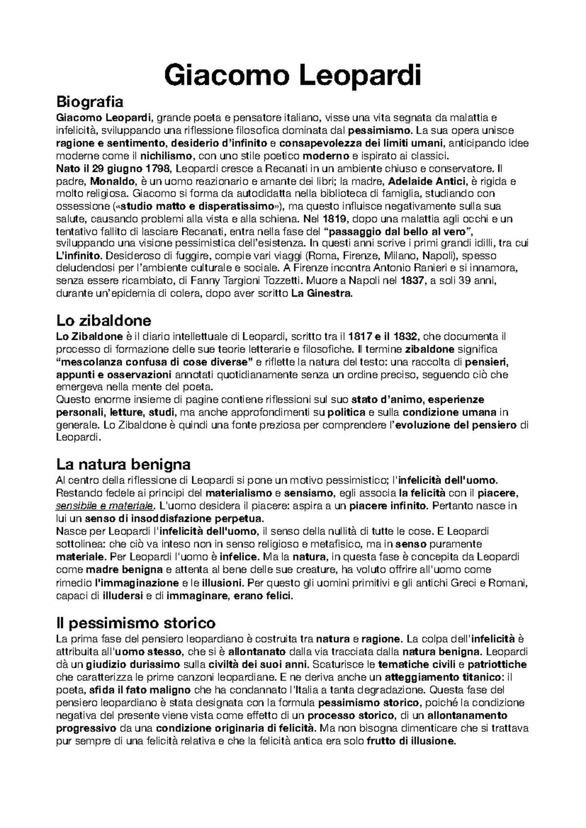 Giacomo Leopardi: Biografia e Poesia - Maturità Italiano - Studocu