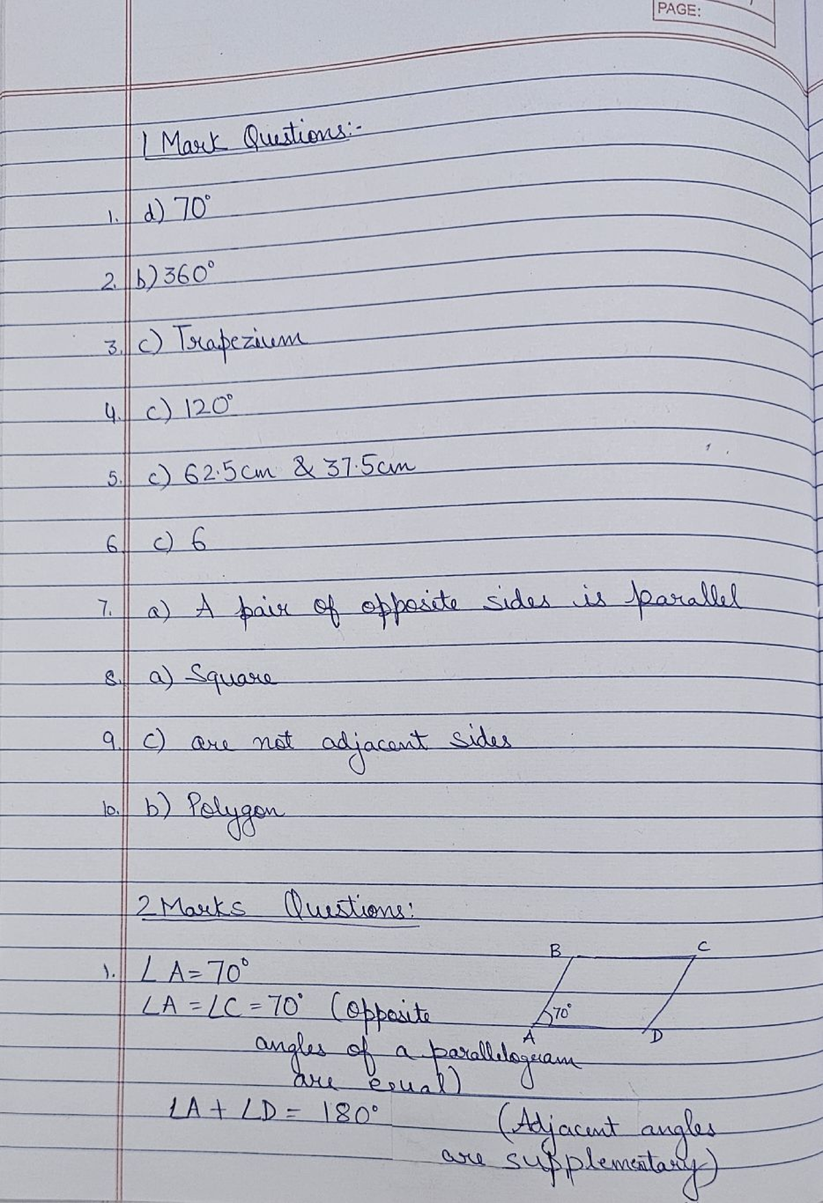 Answer Key for Quadrilaterals: 1 Mark to 4 Marks Questions - Studocu