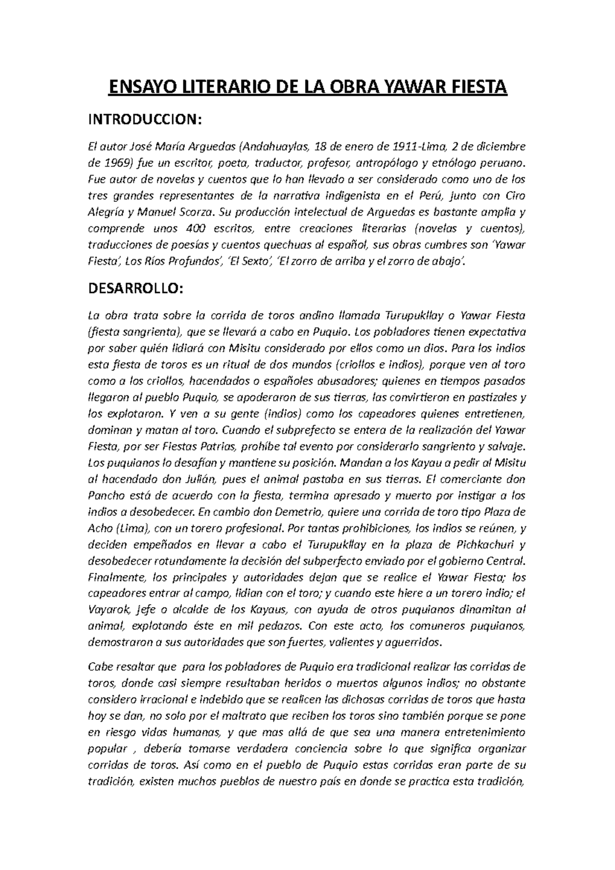 Ensayo Literario DE LA OBRA Yawar Fiesta - ENSAYO LITERARIO DE LA OBRA YAWAR FIESTA INTRODUCCION ...