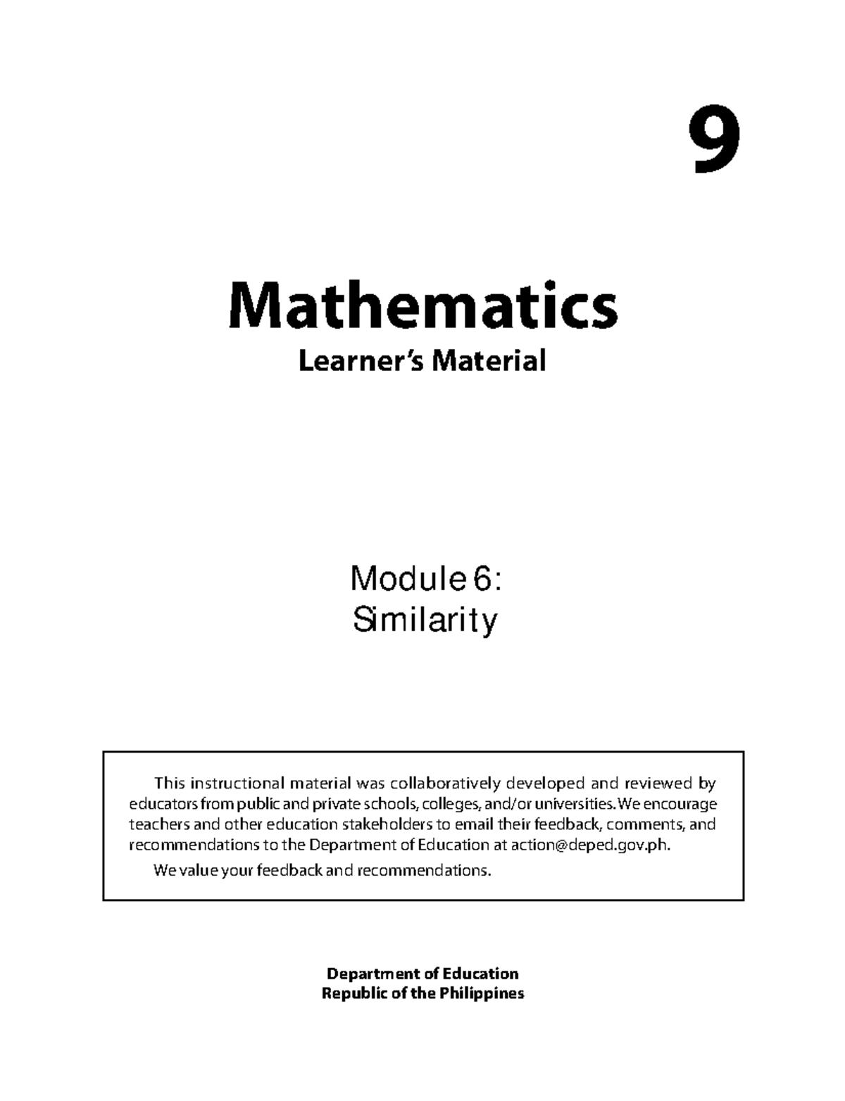 Math Grade 9 Module 6 - math - Mathematics Learner’s Material 9 This ...