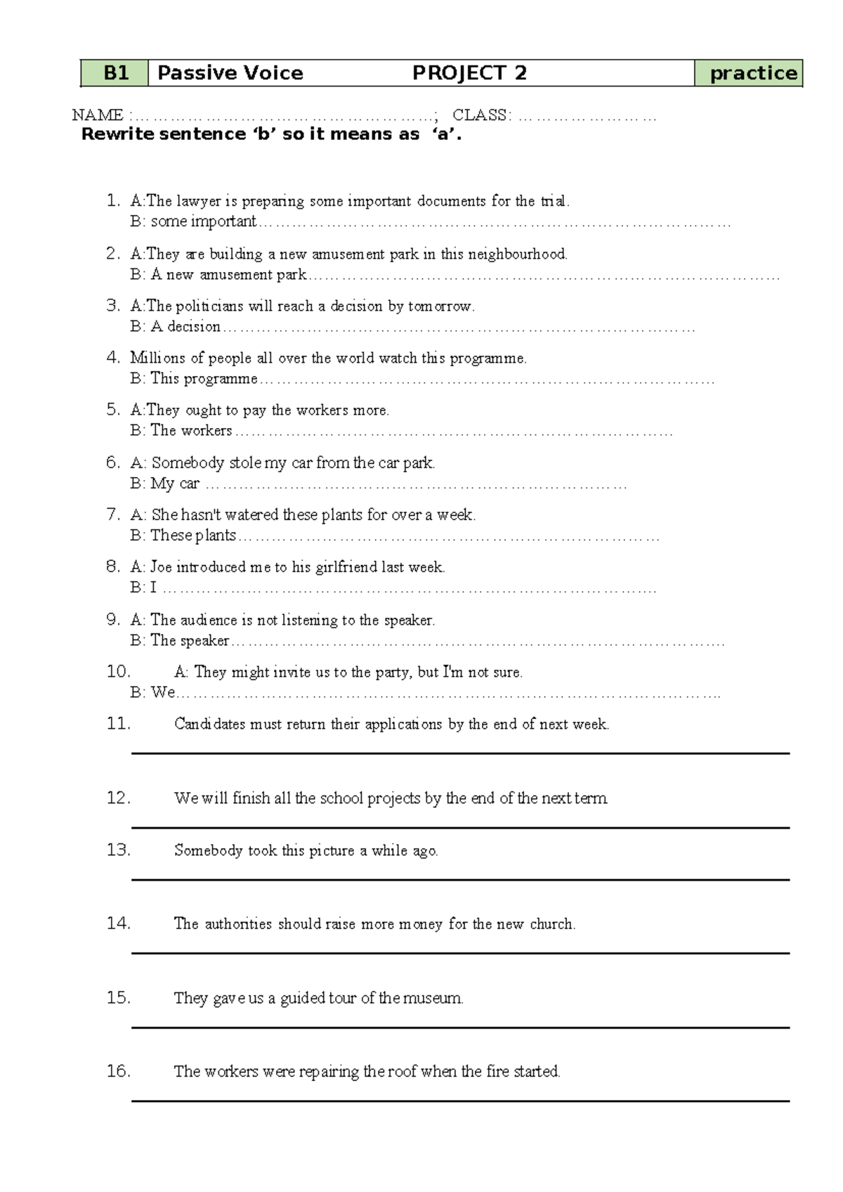 B1 Passive Voice Project 2 Practice - Rewrite Sentences - Studocu