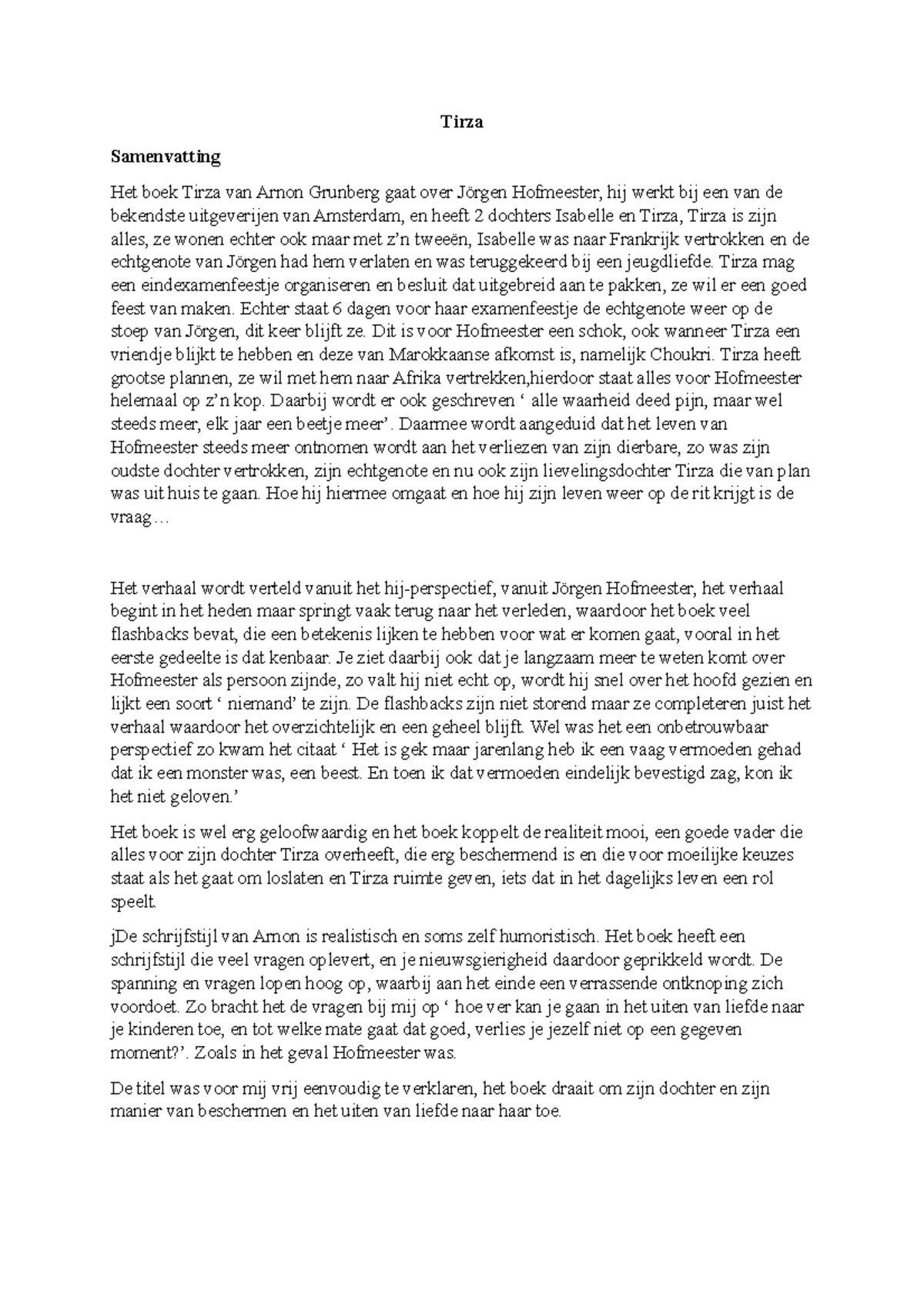 Tirza Ole - Samenvatting en Analyse van Arnon Grunberg's Werk - Studeersnel