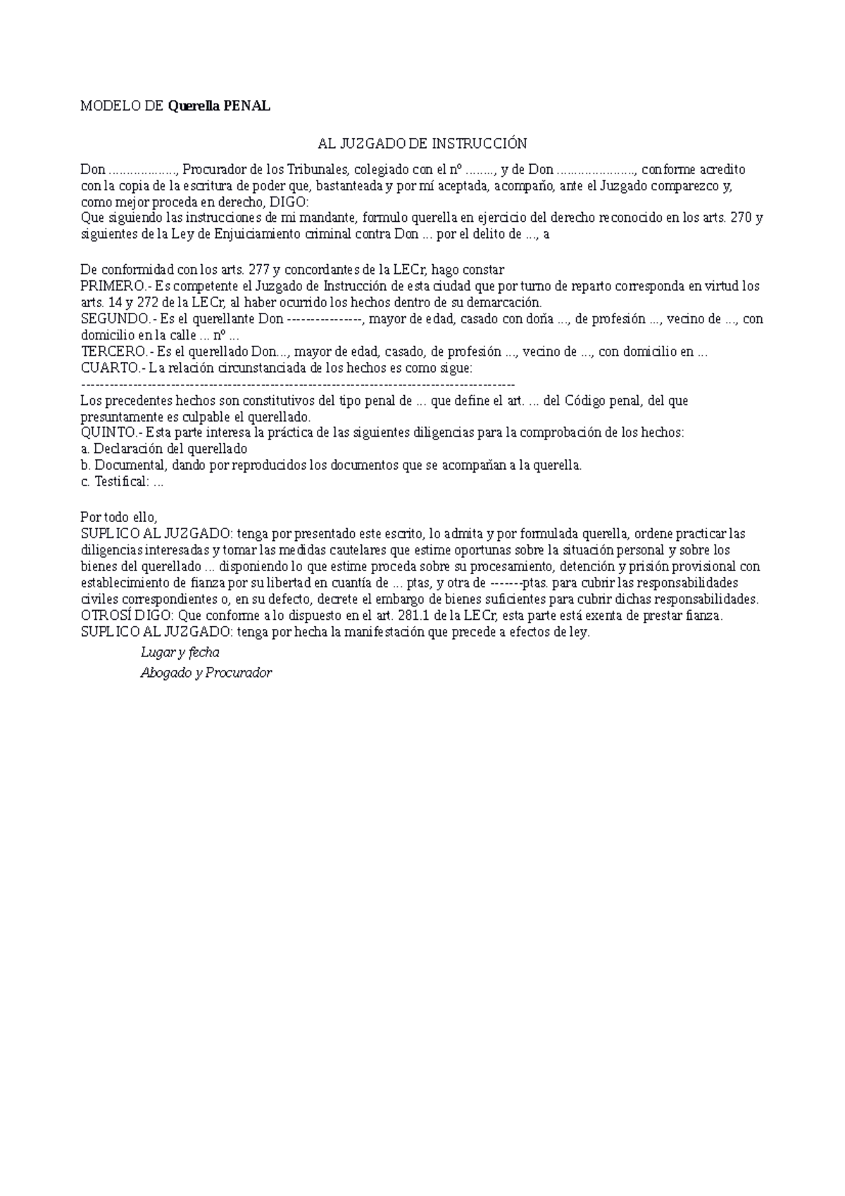 Modelo de Querella Penal: Estructura y Elementos Clave - Studocu