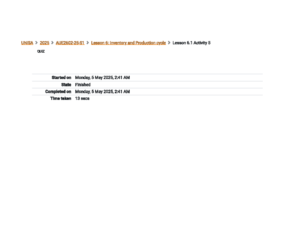 UNISA 2025 AUE2601 Lesson 6: Inventory & Production Cycle Quiz - Studocu