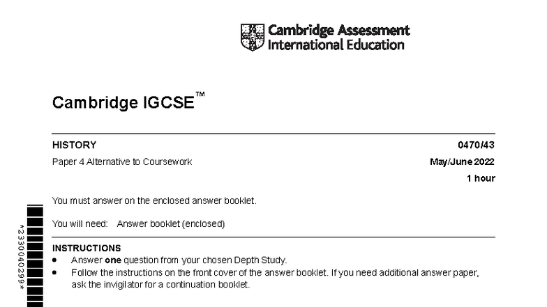 Cambridge IGCSE HISTORY 0470/43 Paper 4 Alternative to Coursework 2022 ...