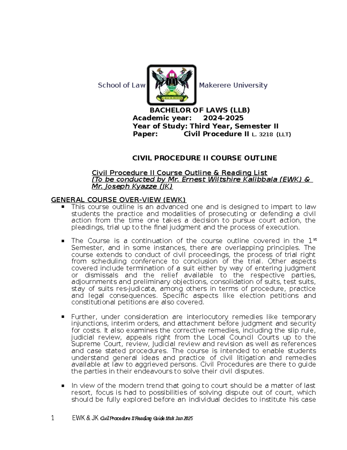 Civil Procedure II Course Outline L. 3218 (LLT) - Makerere University ...