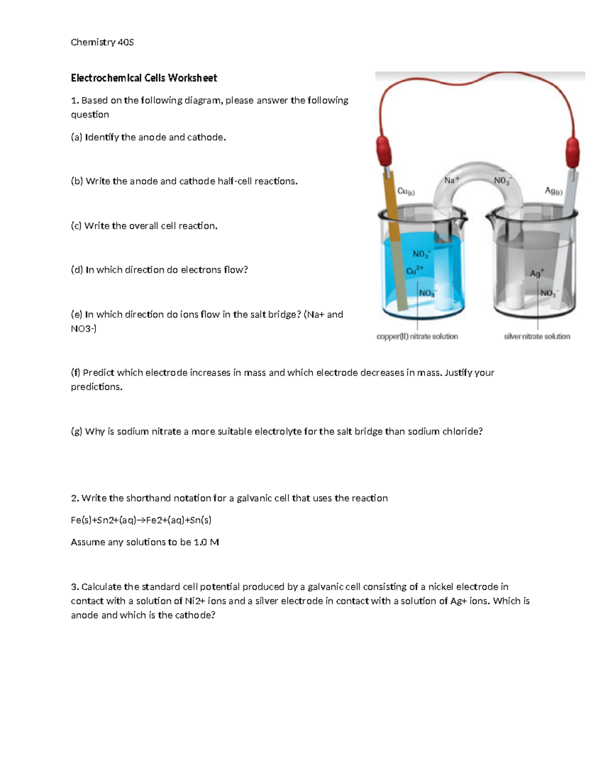 Electrochemical Cells Worksheet for Chemistry 101: Cell Reactions ...