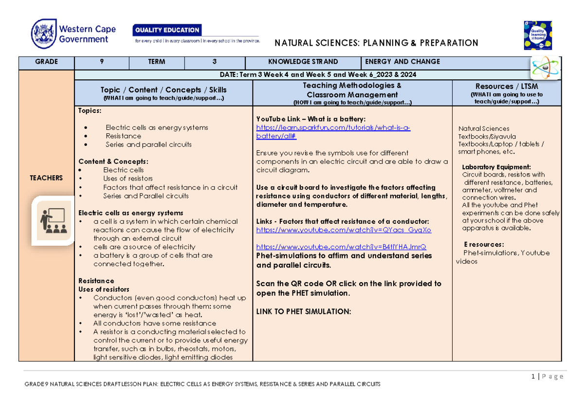 GRADE 9 NATURAL SCIENCES T3 W6 LESSON PLAN: ELECTRIC CELLS & RESISTANCE ...