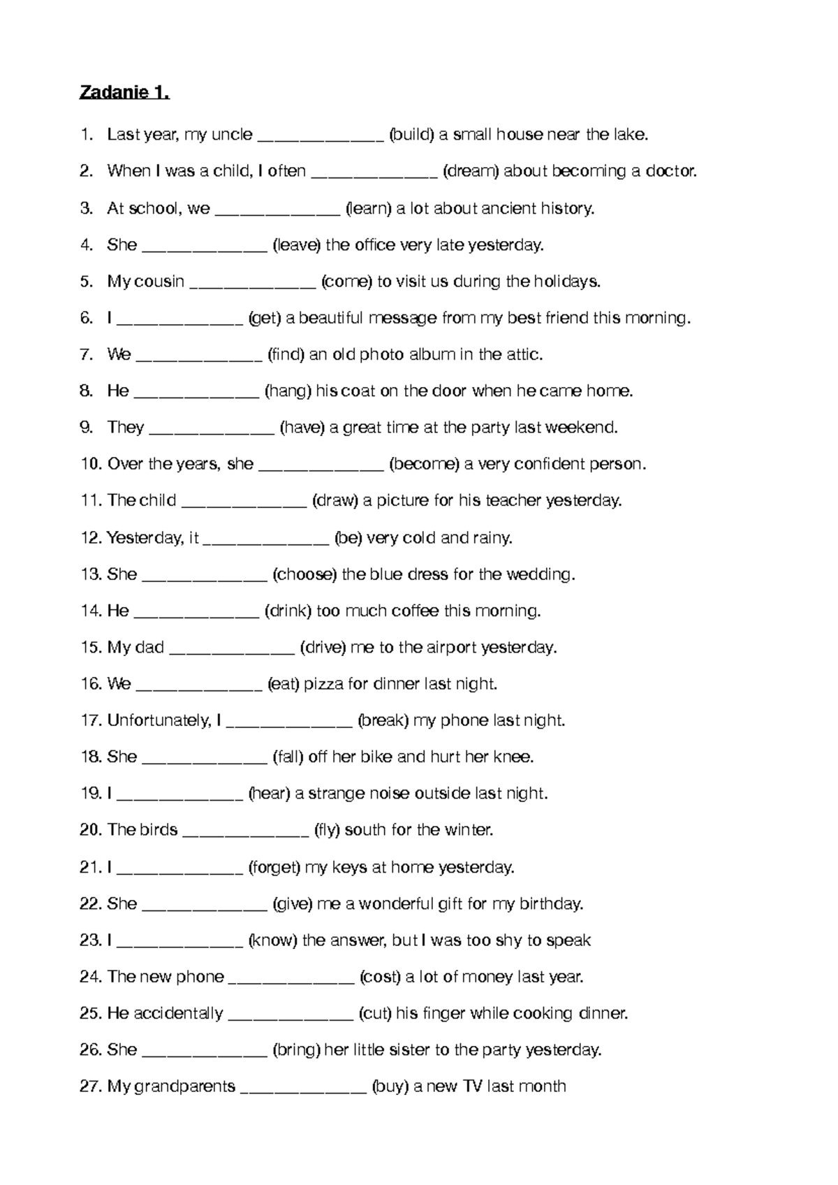 Zadania PAST Simple - Exercises and Answers - Studocu