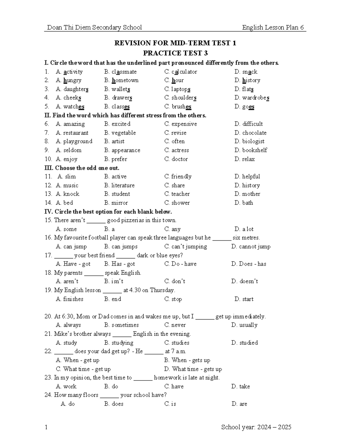 Test3 - aaaaaa - Doan Thi Diem Secondary School English Lesson Plan 6 1 ...