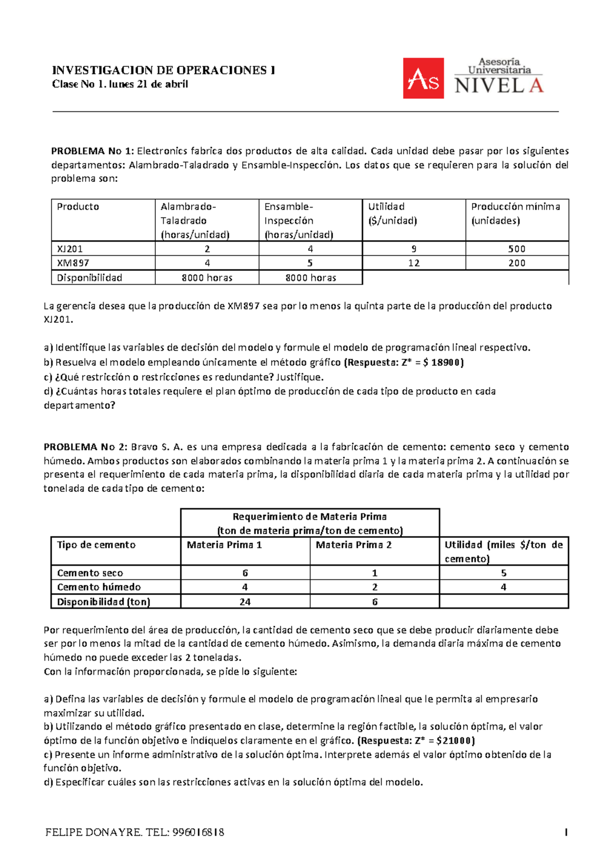 Ejercicios de Programación Lineal - Clase 1 IO1 NOTA 1 - Studocu