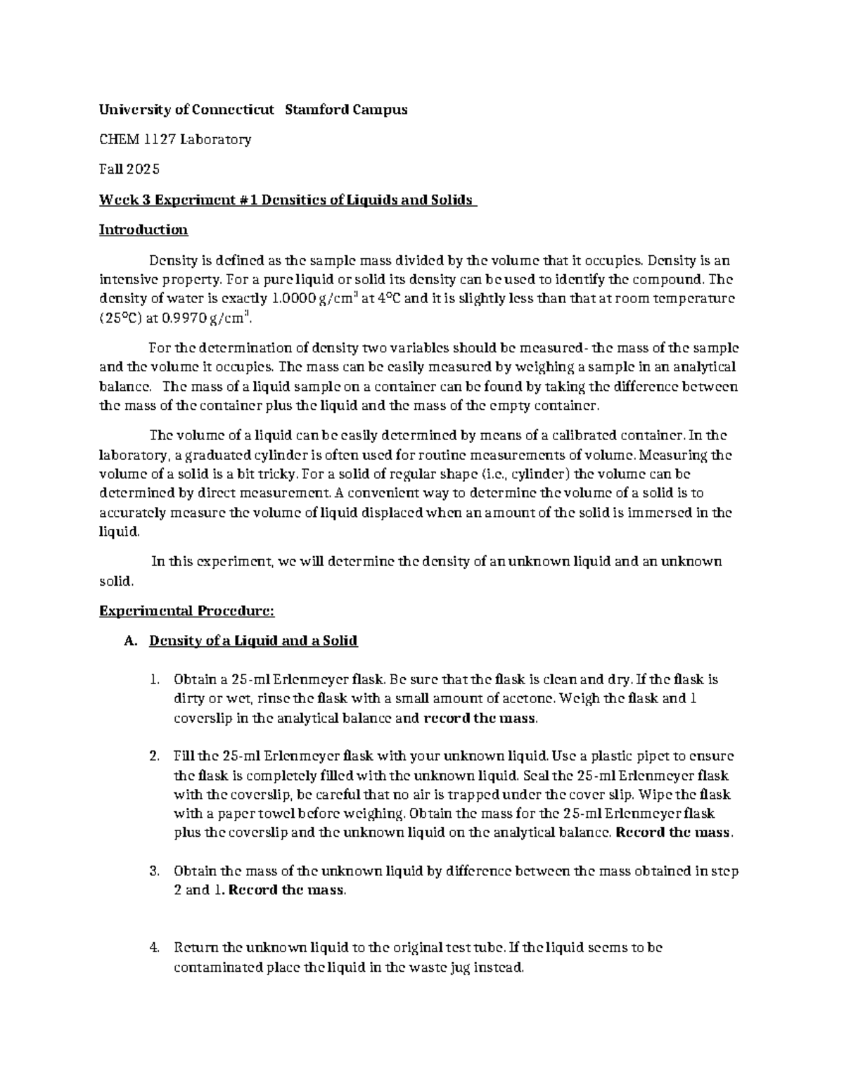 CHEM 1127 Lab - Week 3: Densities of Liquids and Solids Experiment ...