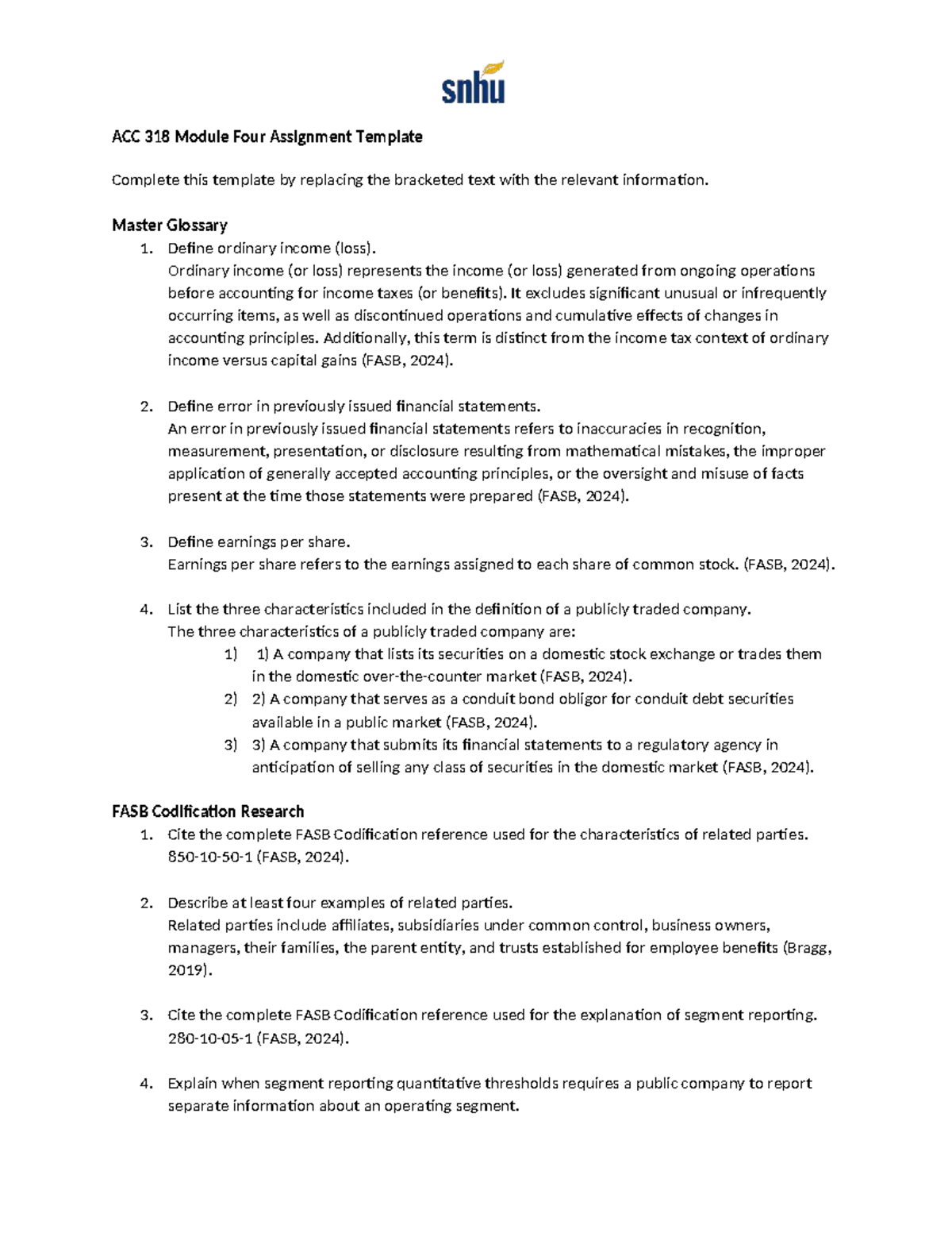 ACC 318 Module Four Assignment Template and Glossary Insights - Studocu