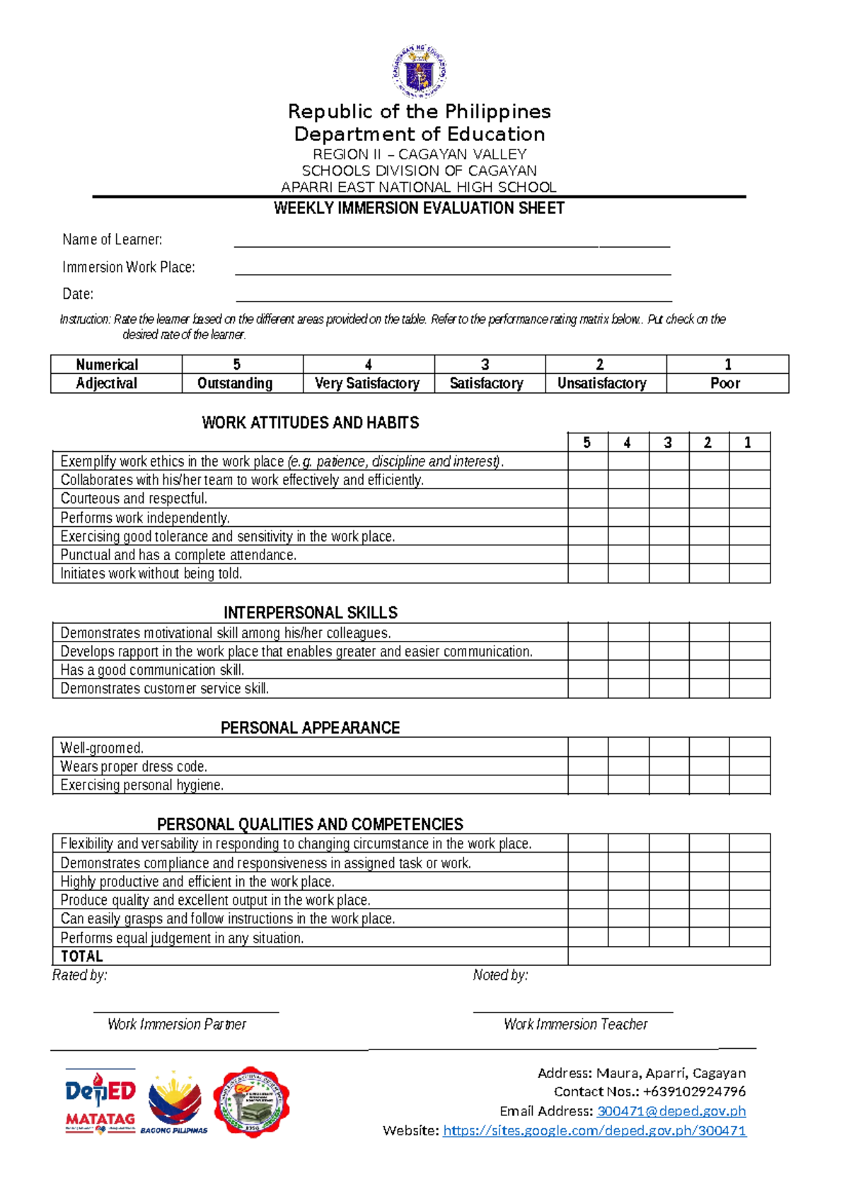 Weekly Immersion Evaluation Sheet - CAGAYAN_REGION II - Studocu