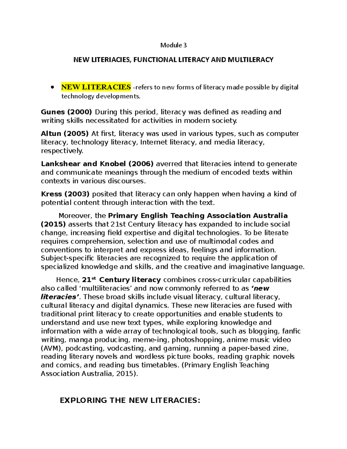 Module-3-NEW- Literacies handout - Module 3 NEW LITERIACIES, FUNCTIONAL ...