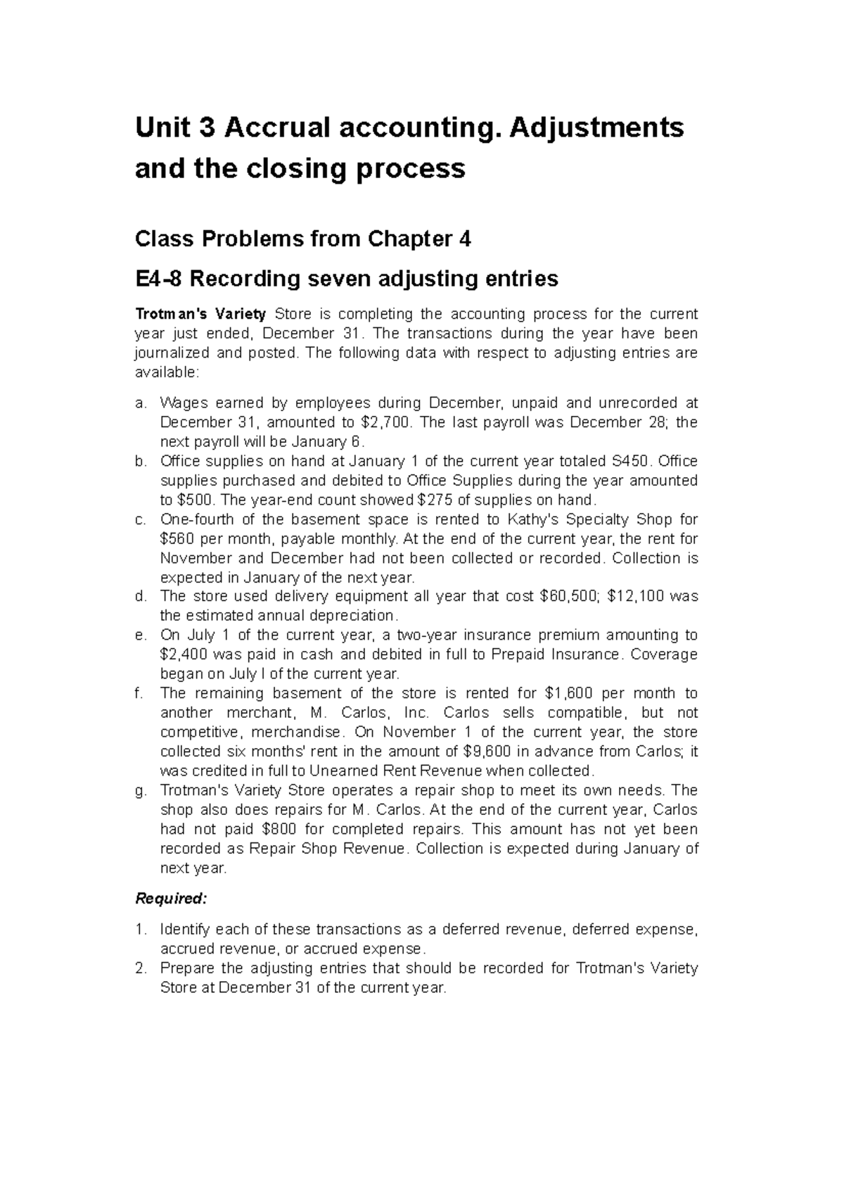 UNIT 3 - Class Problems: Adjustments & Closing Process in Chapter 4 ...