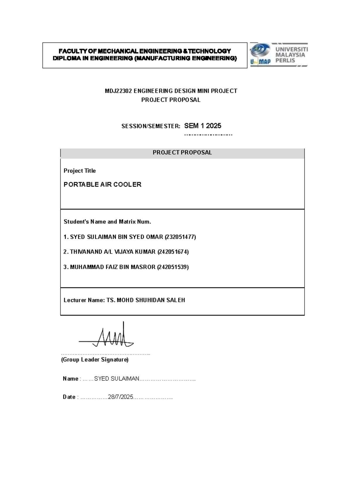 MDJ22302 Engineering Design Mini Project Proposal: Portable Air Cooler ...