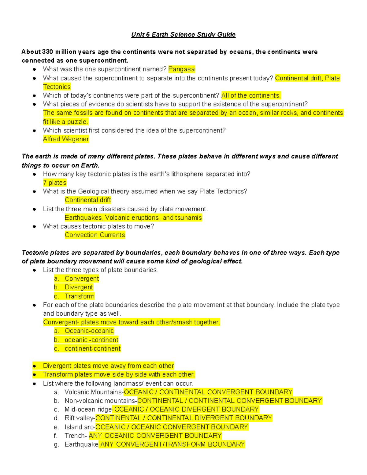 2024 KEY Earth Science Unit 6 Study Guide: Plate Tectonics & Geology ...