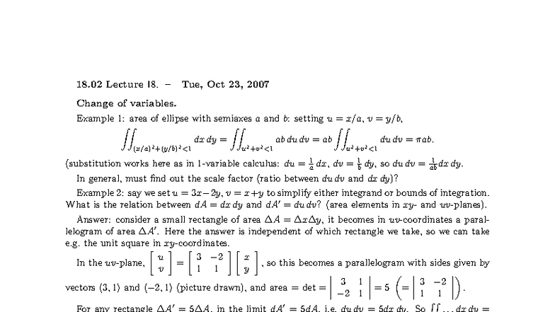 18.02 Lecture 18: Change of Variables & Area of Ellipse - Studocu