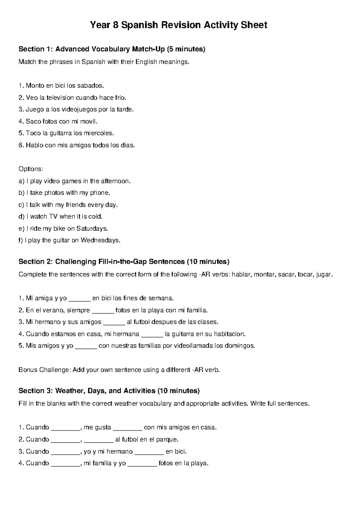 Year 8 Spanish Revision Activity Sheet Two Pages - Year 8 Spanish ...