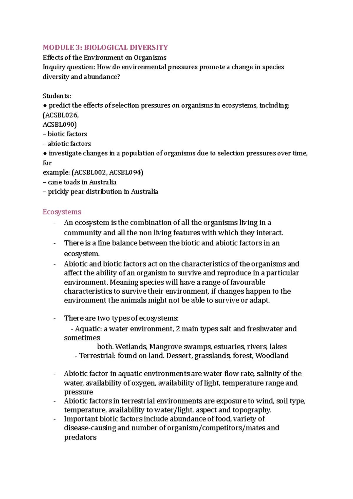 Biology Study Notes: Module 3 - Biological Diversity (ACSBL026 ...