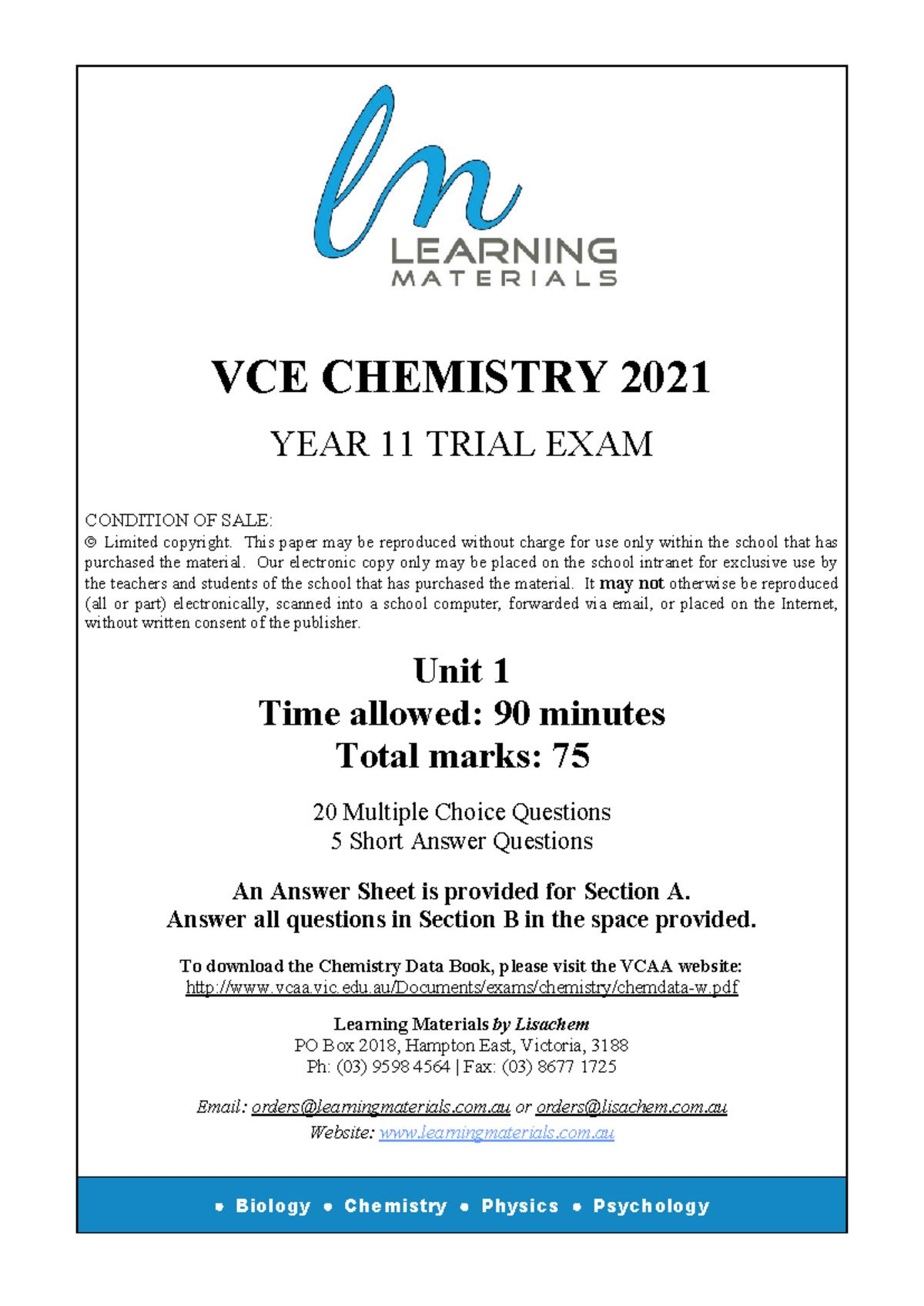 21 CH 01 - VCE Year 11 Chemistry Unit 1 Trial Exam Practice - Studocu