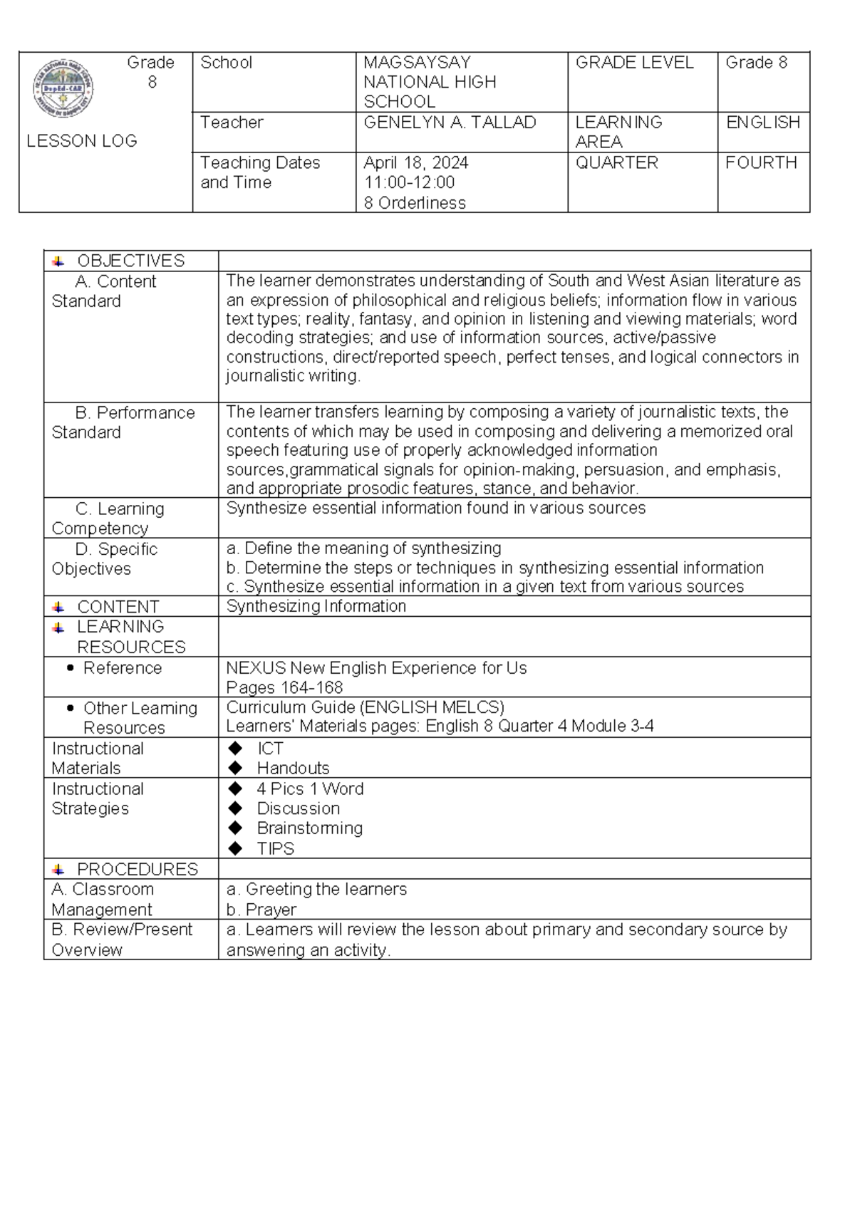 Grade 8 English Lesson Log: Synthesizing Information Techniques - Studocu